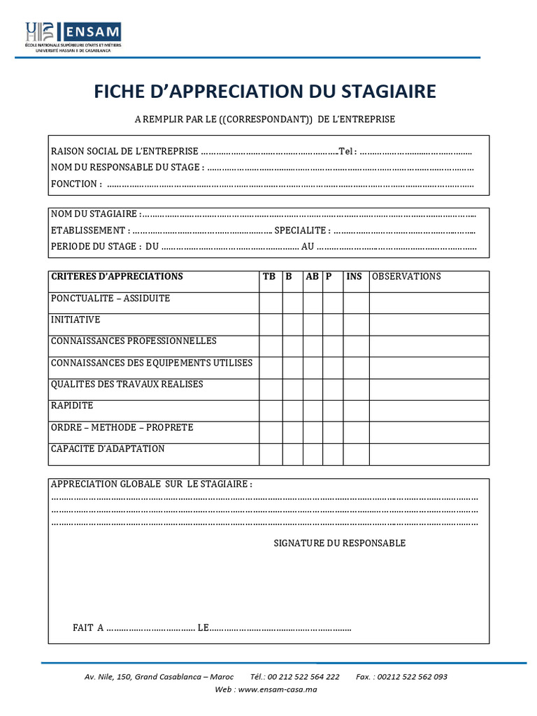 Fiche D'appreciation de Stage | PDF