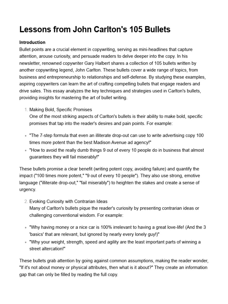 Mastering John Carlton's Bullet Techniques | PDF | Curiosity ...