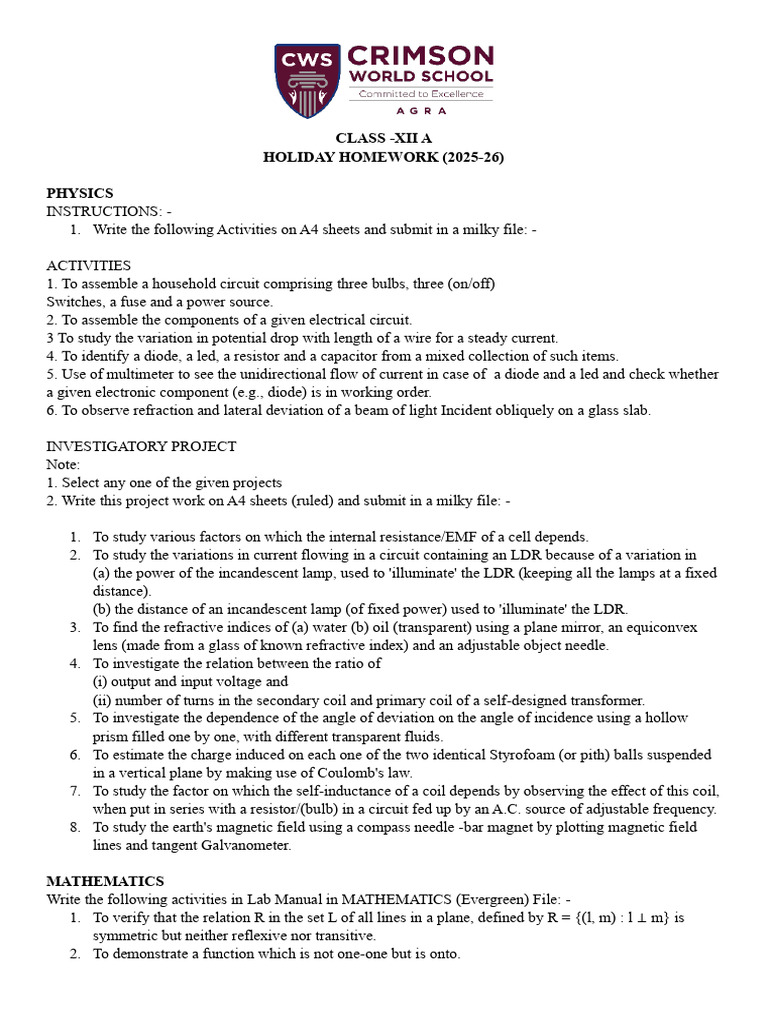 Class Xii A Holiday Homework (1) - 1-2 | PDF | Electrical Network | Drawing