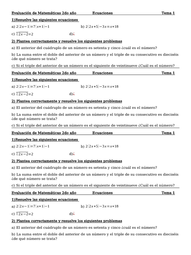 Evaluación de Matemáticas 2do Año Ecuaciones | PDF | Matemáticas | Objetos matemáticos