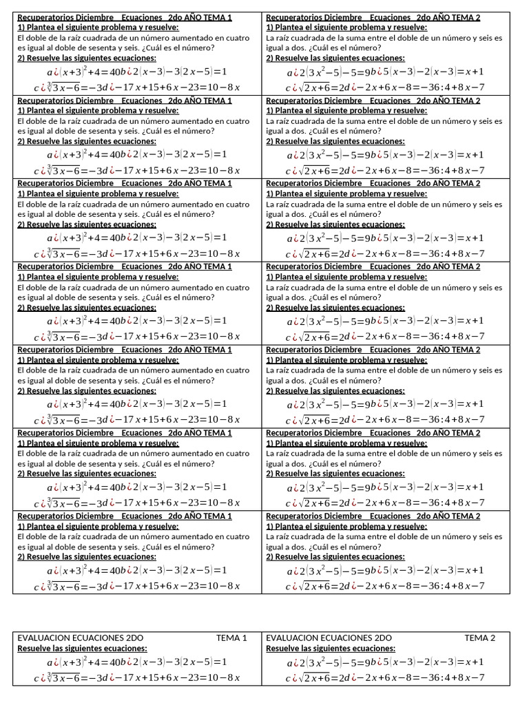 Recuperatorios Diciembre Ecuaciones 2do AÑO | PDF | Matemáticas | Matemática Elemental