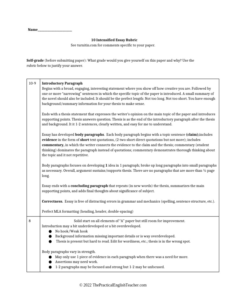 10 Int Literary Analysis Rubric | PDF | Essays | Paragraph