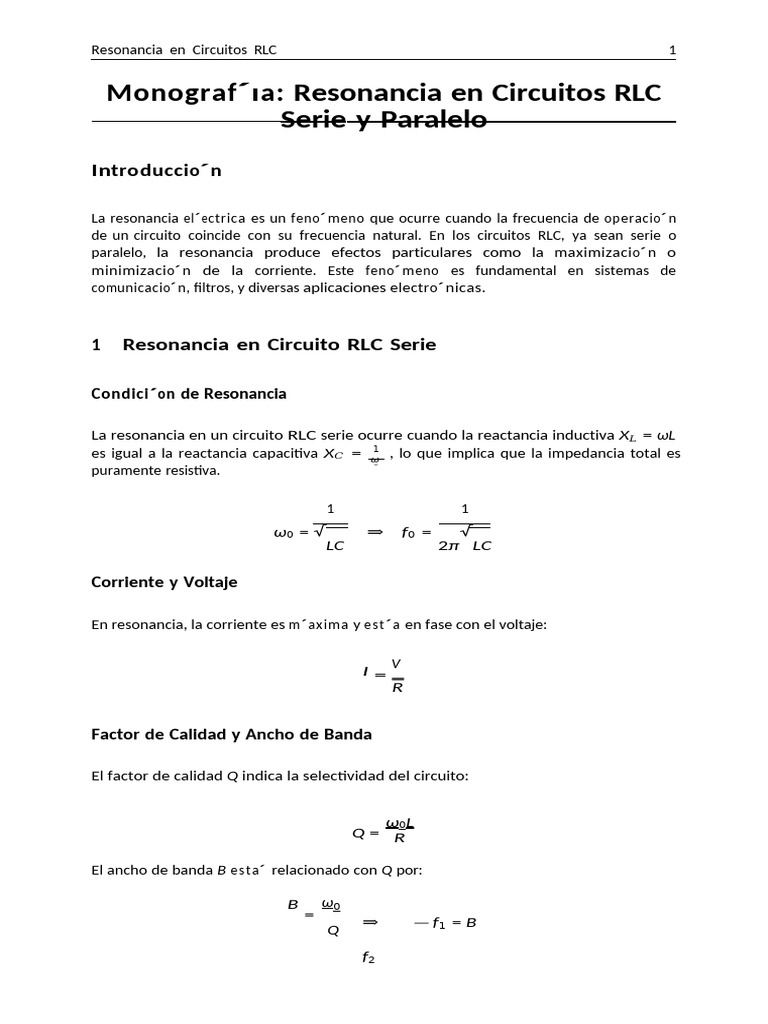 Monograf Ia: Resonancia en Circuitos RLC Serie y Paralelo | PDF | Resonancia | Impedancia eléctrica