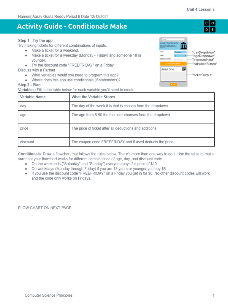 Aarav.G - Activity Guide - Conditionals Make - Unit 4 Lesson 8 | PDF | Information | Workweek ...