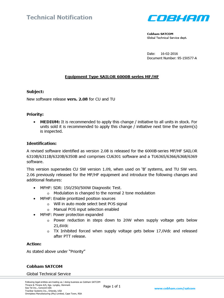Technical Notification: Equipment Type SAILOR 6000B Series MF/HF | PDF