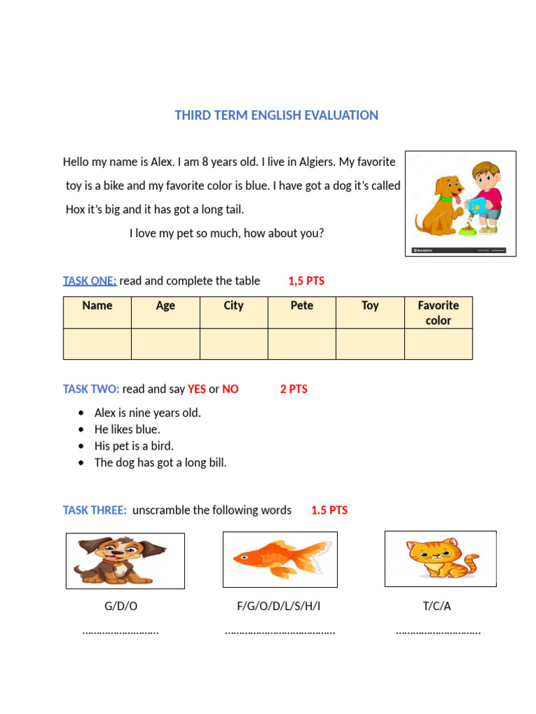 Third Term English Evaluation for Kids | PDF