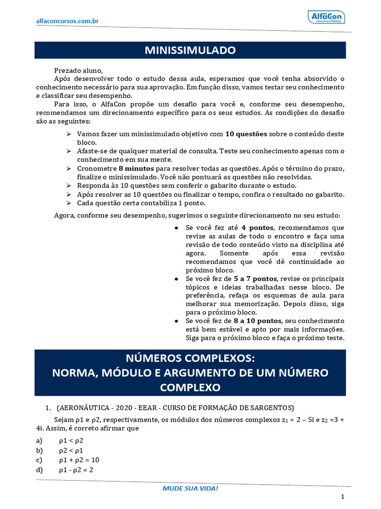 AlfaCon Norma Modulo e Argumento de Um Numero Complexo Mini Simulado | PDF | Número complexo ...