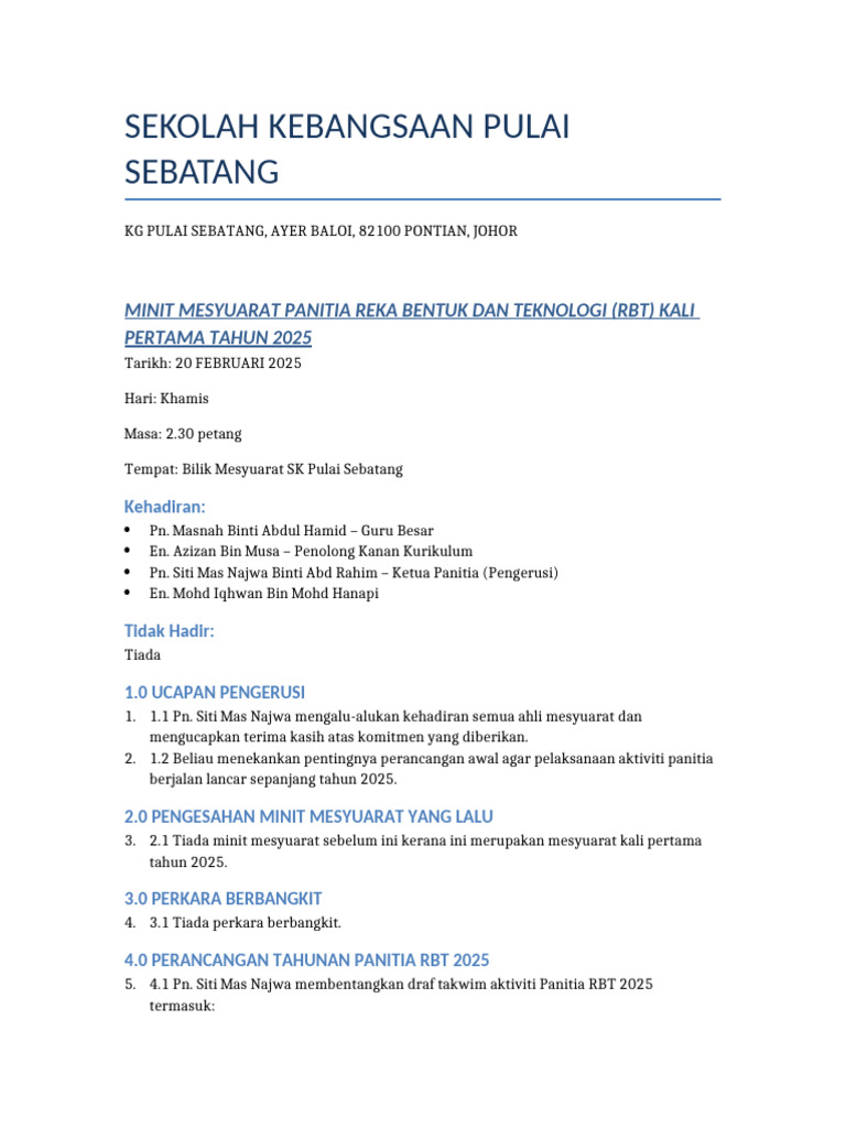 MINITMESYUARAT PANITIA RBT SKePS 2025 | PDF