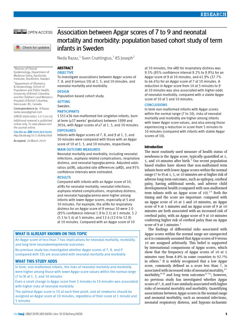 Association Between Apgar Scores of 7 To 9 and Neonatal | PDF | Body ...