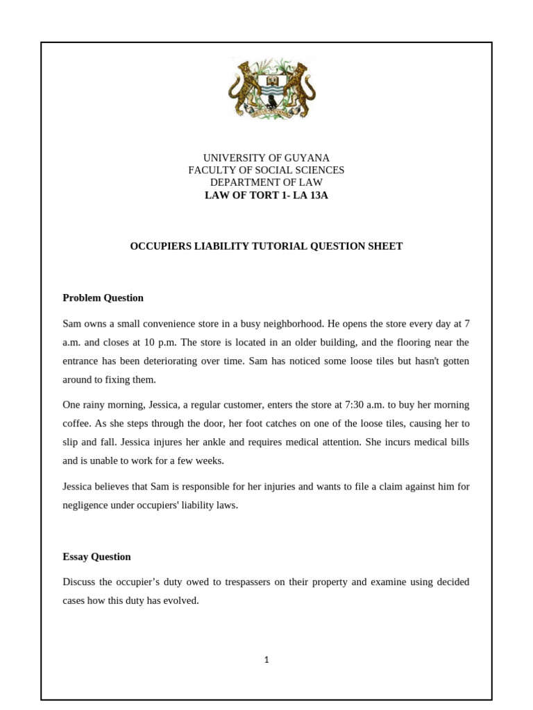 Occupiers Liability - Tutorial Questions 2025 | PDF