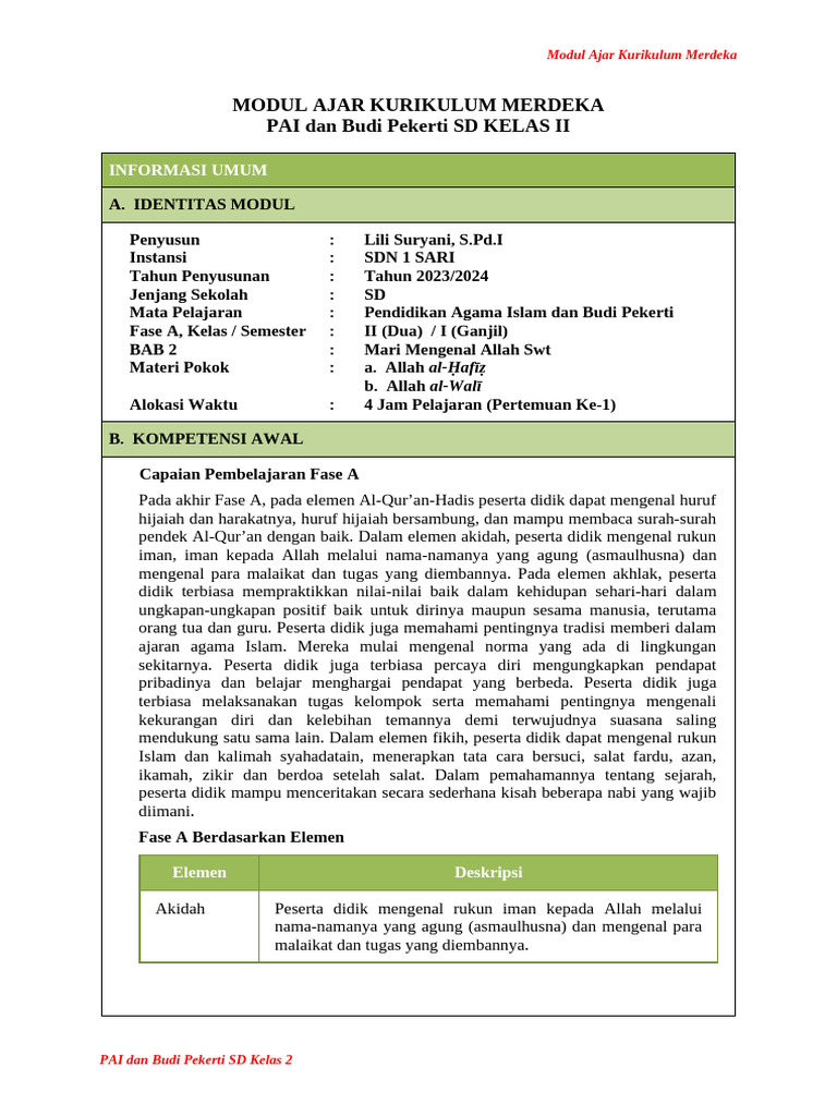 Modul Ajar Pai KLS 2 Smester 1 Ikm | PDF