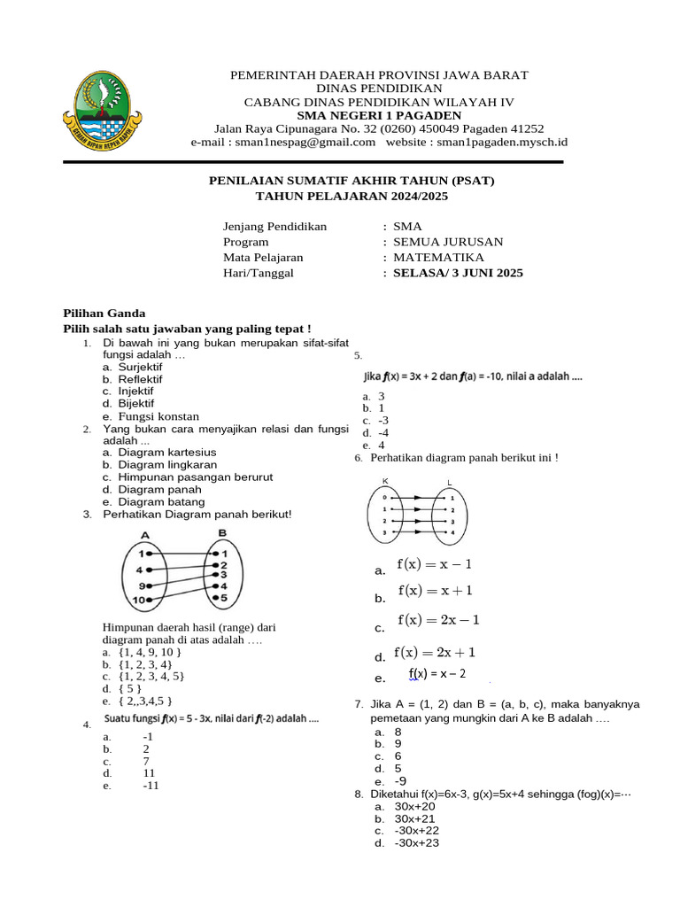 Soal Matematika Wajib Kelas Xi Psat Semua Jurusan | PDF