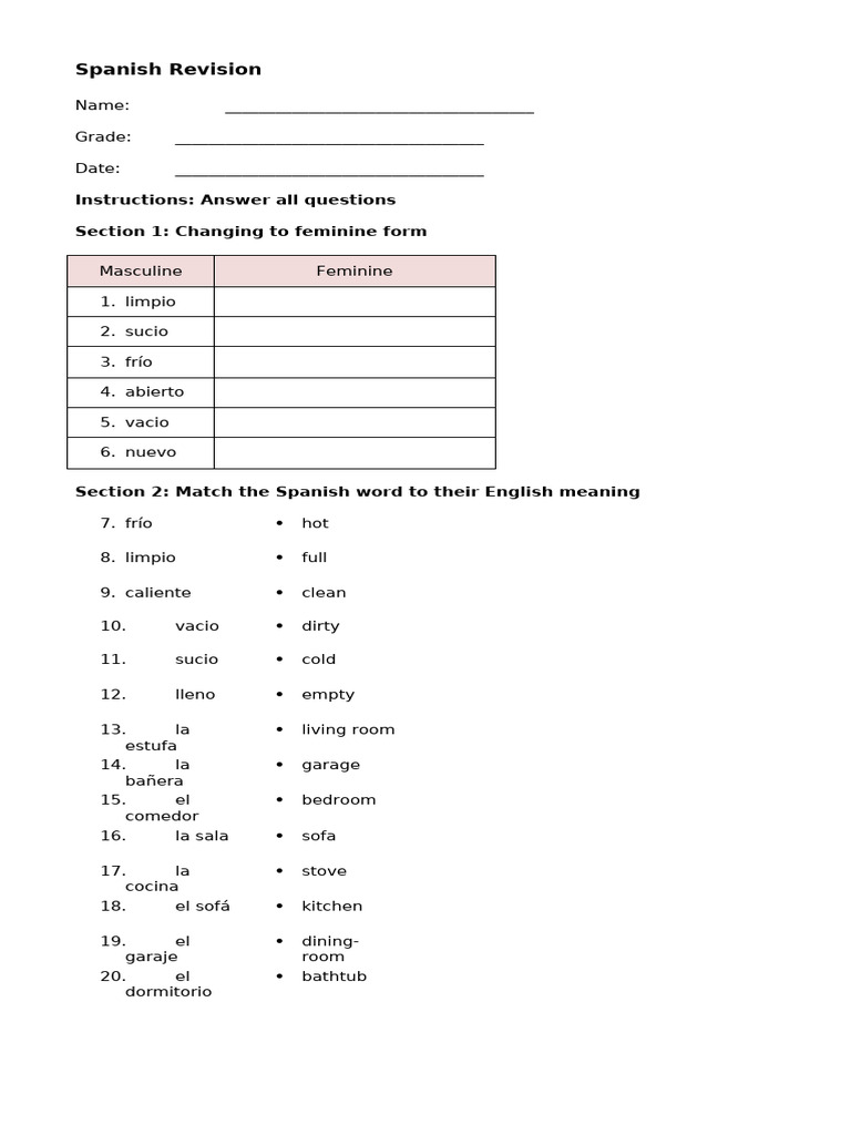 Spanish Revision Graede 4 - Term 1 | PDF | Ajedrez