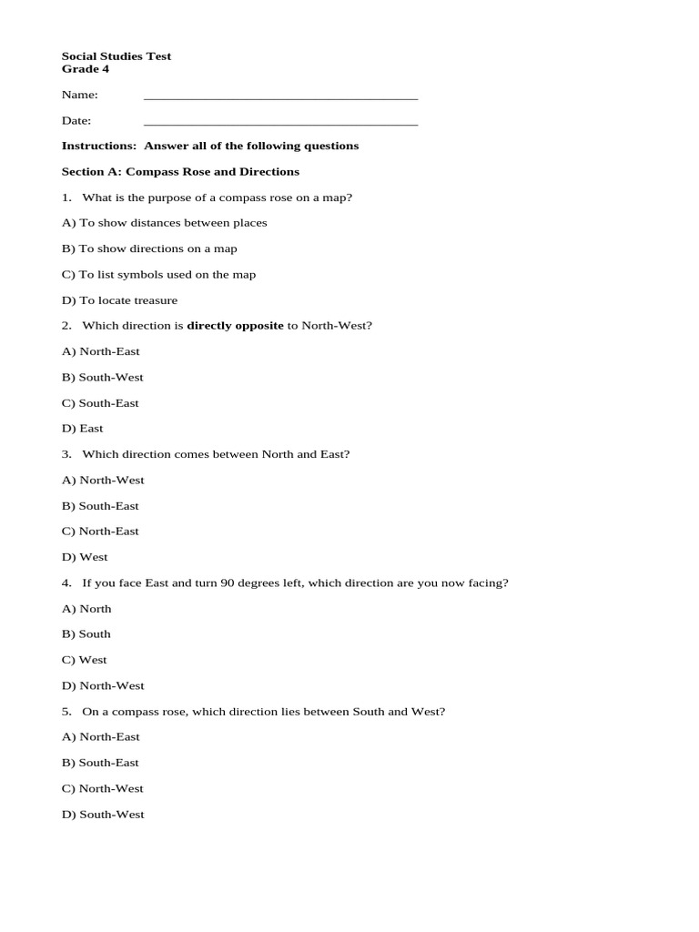 Grade 4 Social Studies Test Questions | PDF