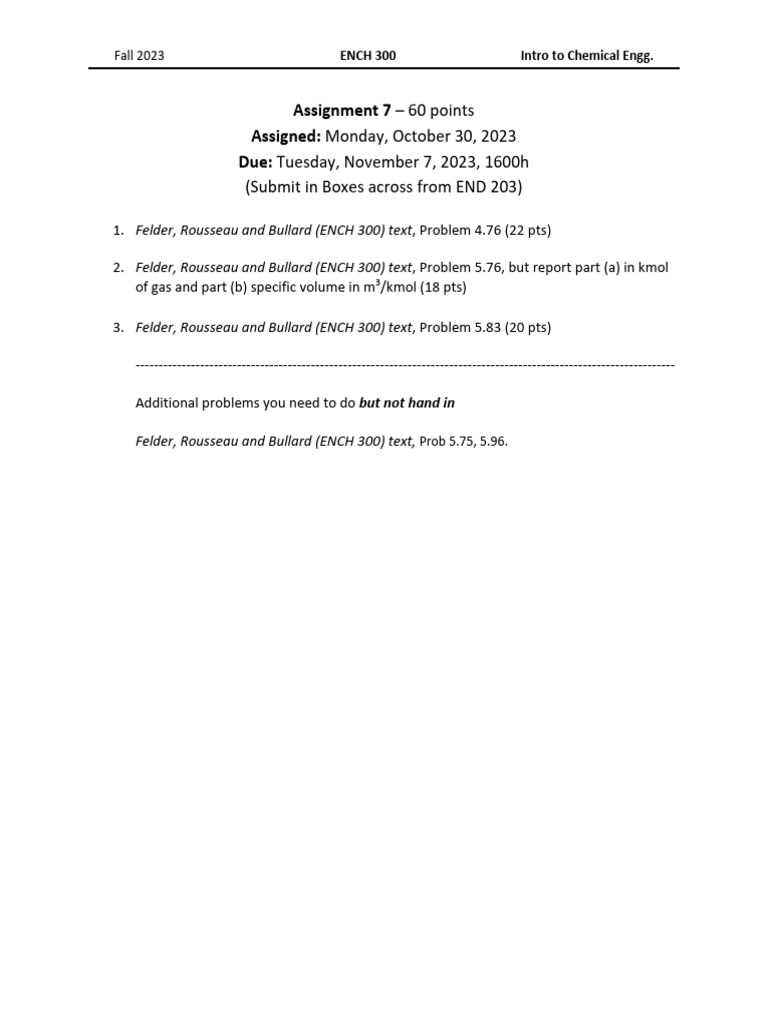 Assignment 7 - EnCH 300 F2023 | PDF