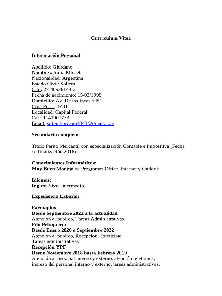 Cv Sofia Giordano | PDF