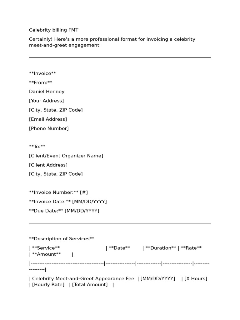 Celebrity Billing Format Template | PDF