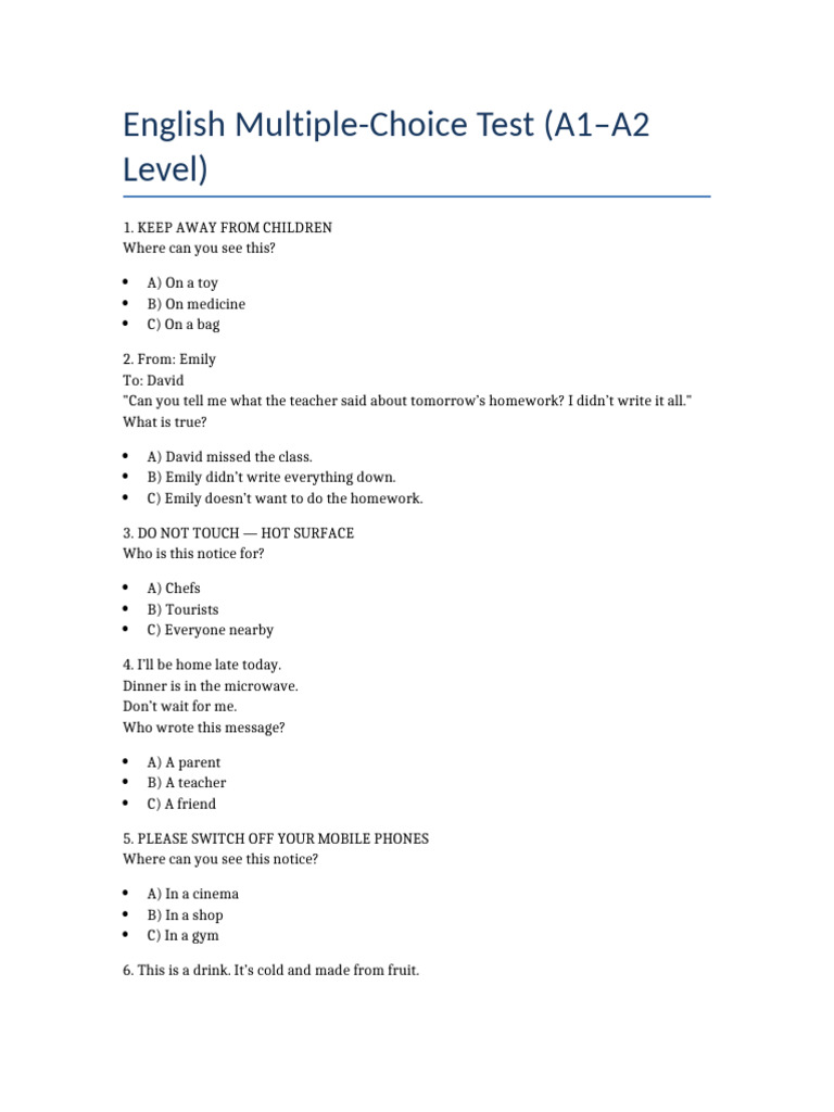 A1–A2 English Multiple-Choice Test | PDF