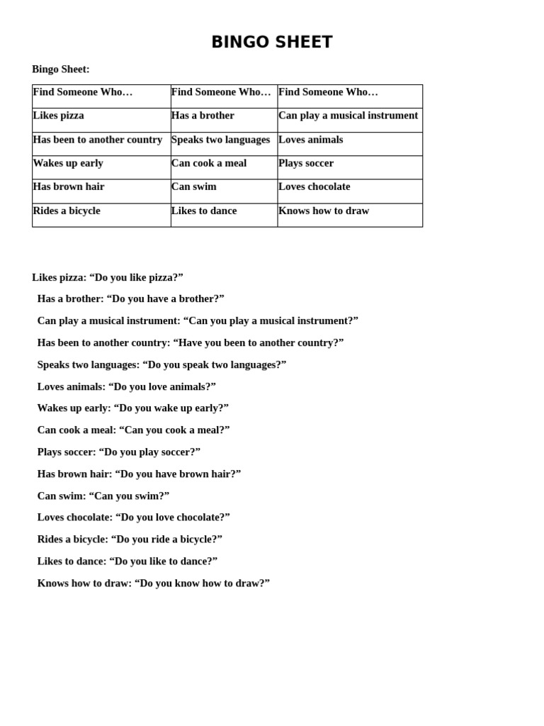 Bingo Sheet for Social Interaction | PDF