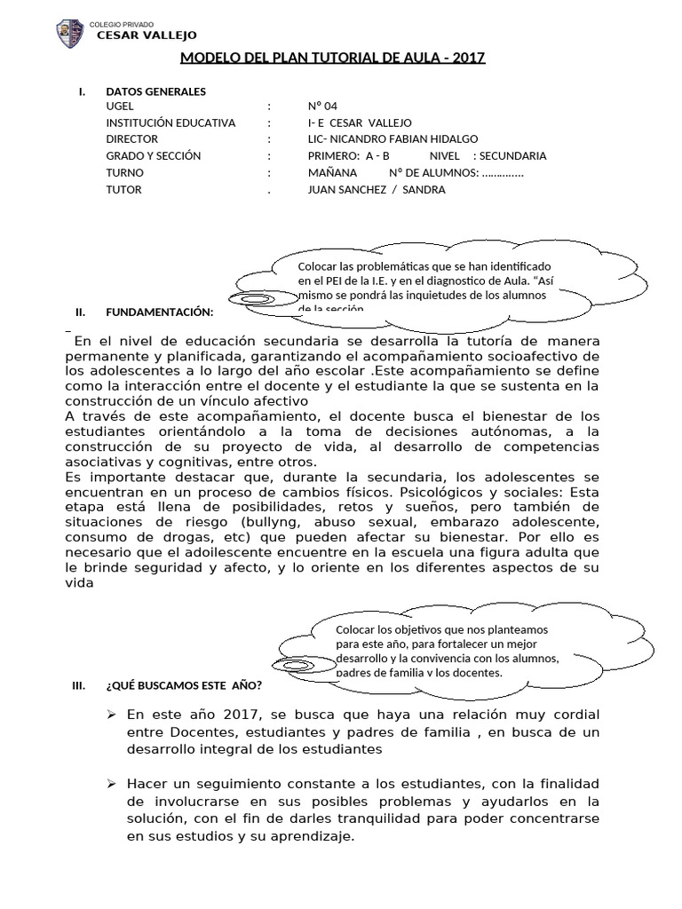 Modelo Del Plan Tutorial de Aula 2017 | PDF | Salón de clases | Enseñando
