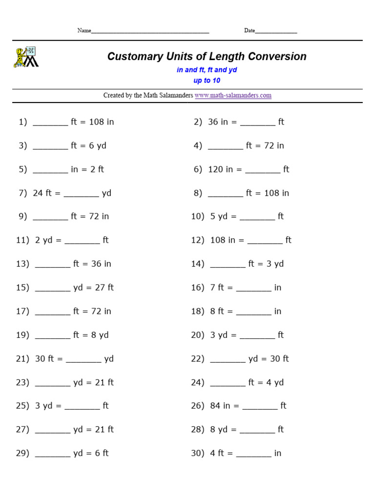 Convert Customary Units of Length Inches Feet and Yards 1 | PDF | Foot ...