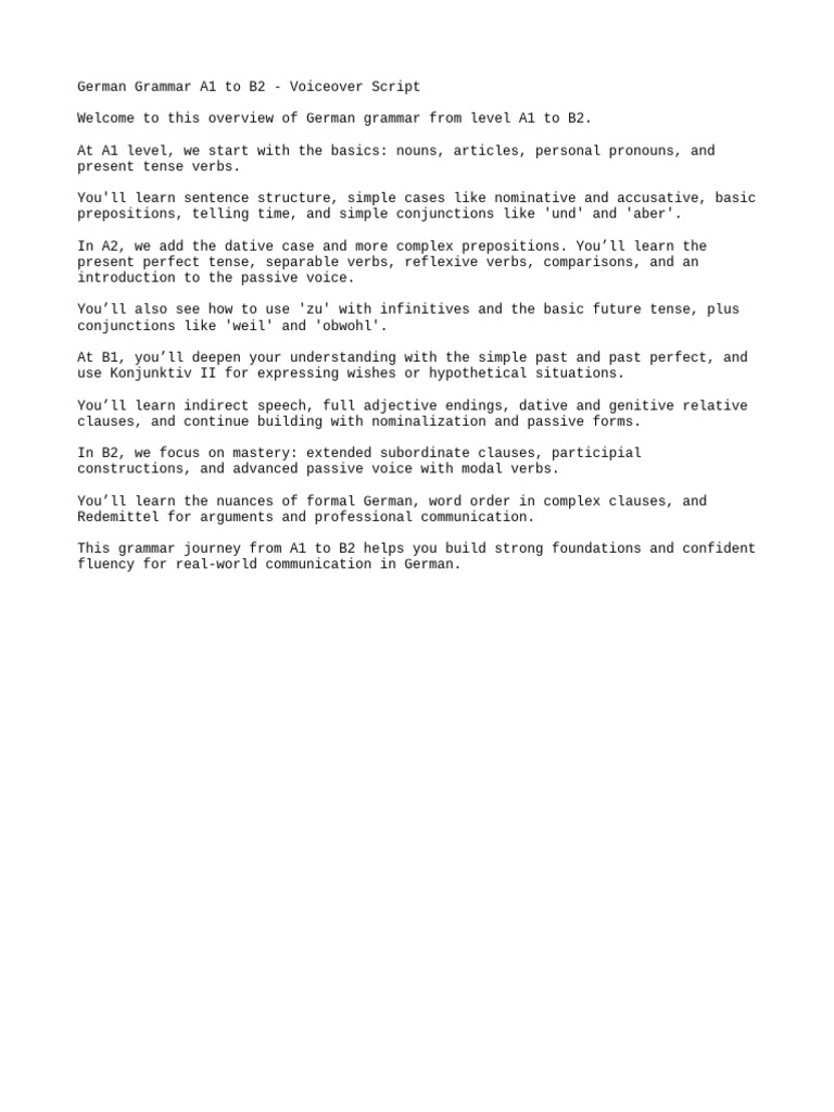 German Grammar A1 To B2 Lecture Script | PDF