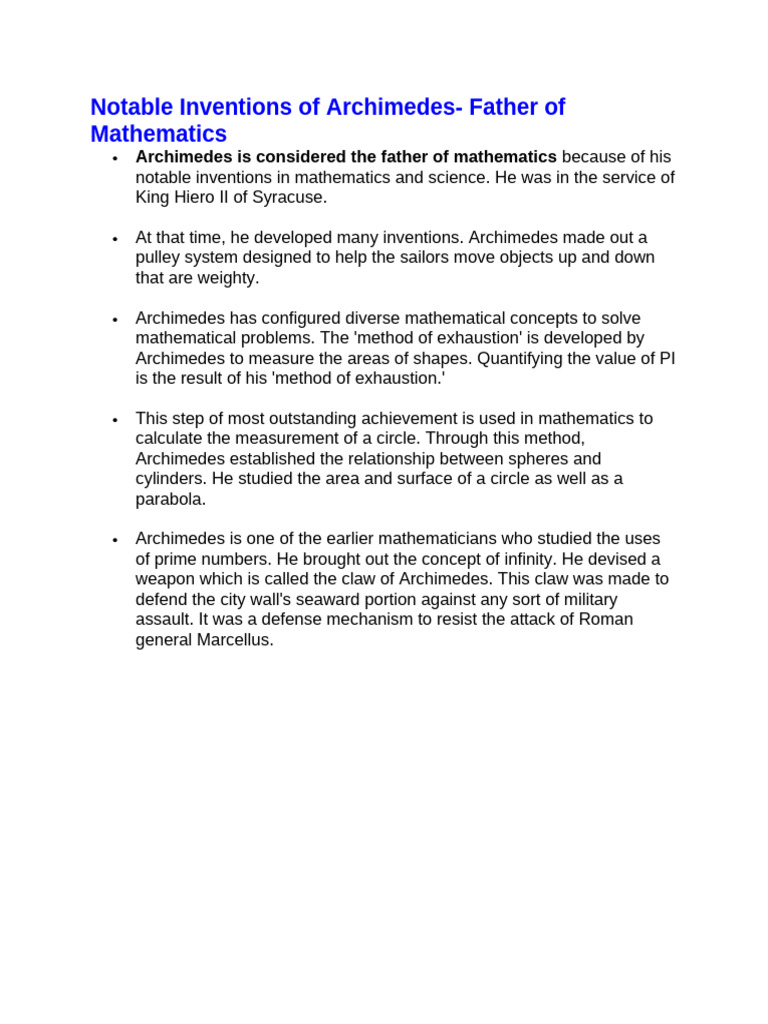 Notable Inventions of Archimedes Father of Mathematics | PDF