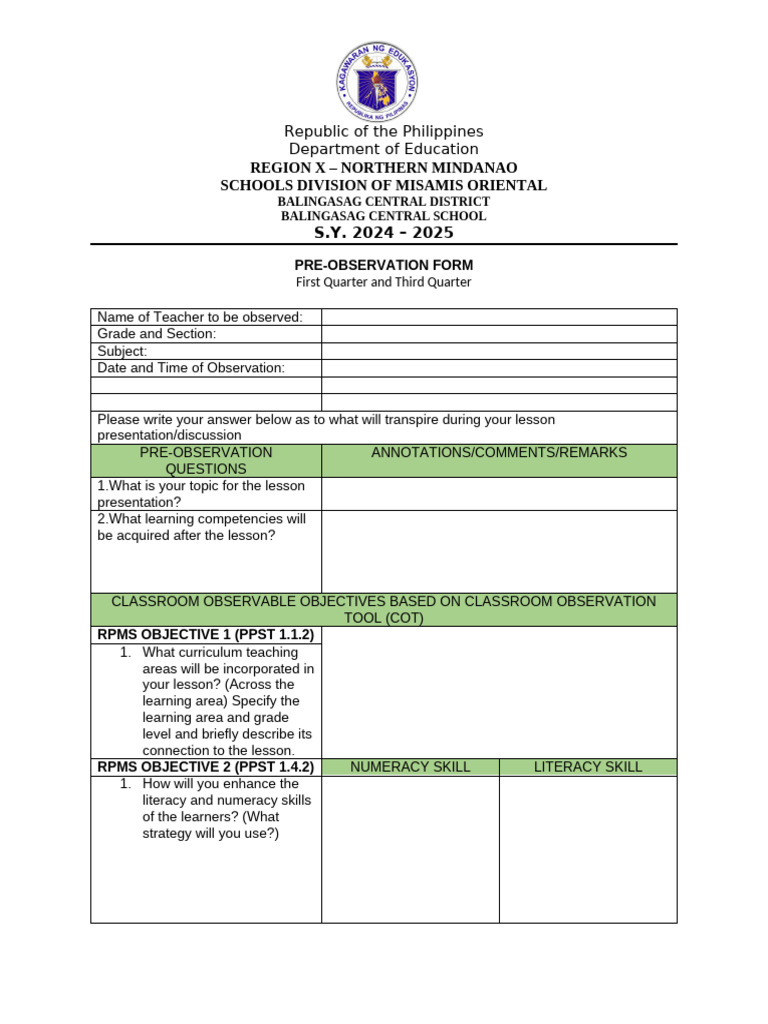 Pre Observation Form For TI TIII 1st and 3rd Quarter Sy2024 2025 | PDF