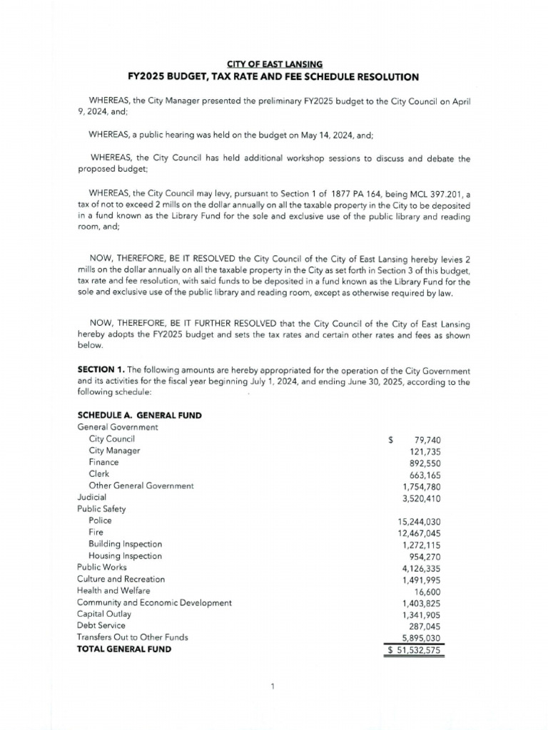 FY2025 Budget, Tax Rate and Fee Schedule Resolution - 0001 | PDF