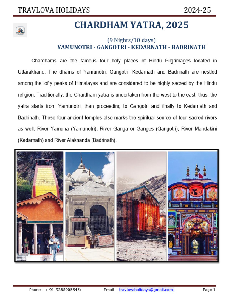 Chardham Yatra Itinerary 2025 - H2H (9 Nights10 Days) Travlova | PDF | Hindu Worship | Pilgrimage