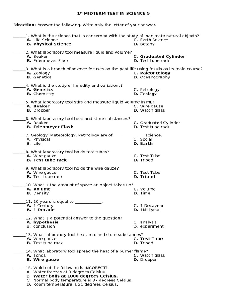 Science 5 Midterm Test Questions | PDF | Experiment | Adaptation