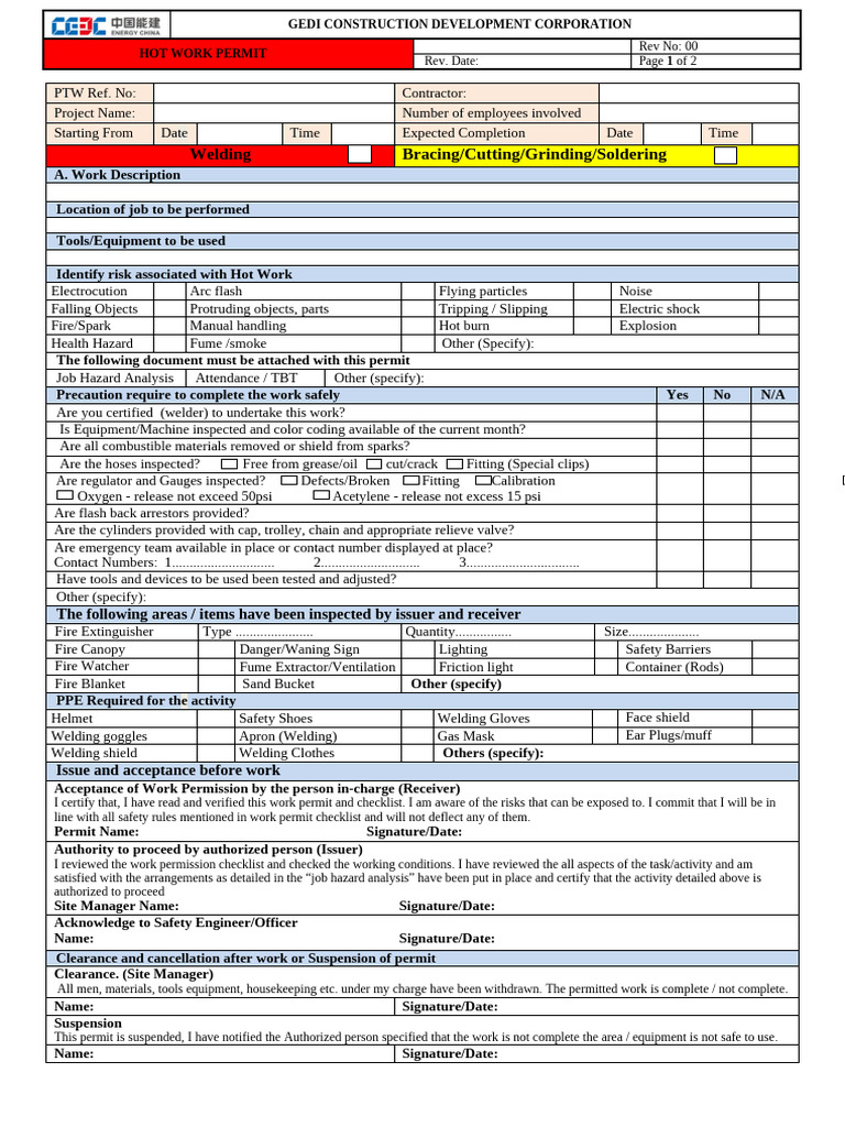 HOT WORK Permit Form | PDF | Welding | Construction