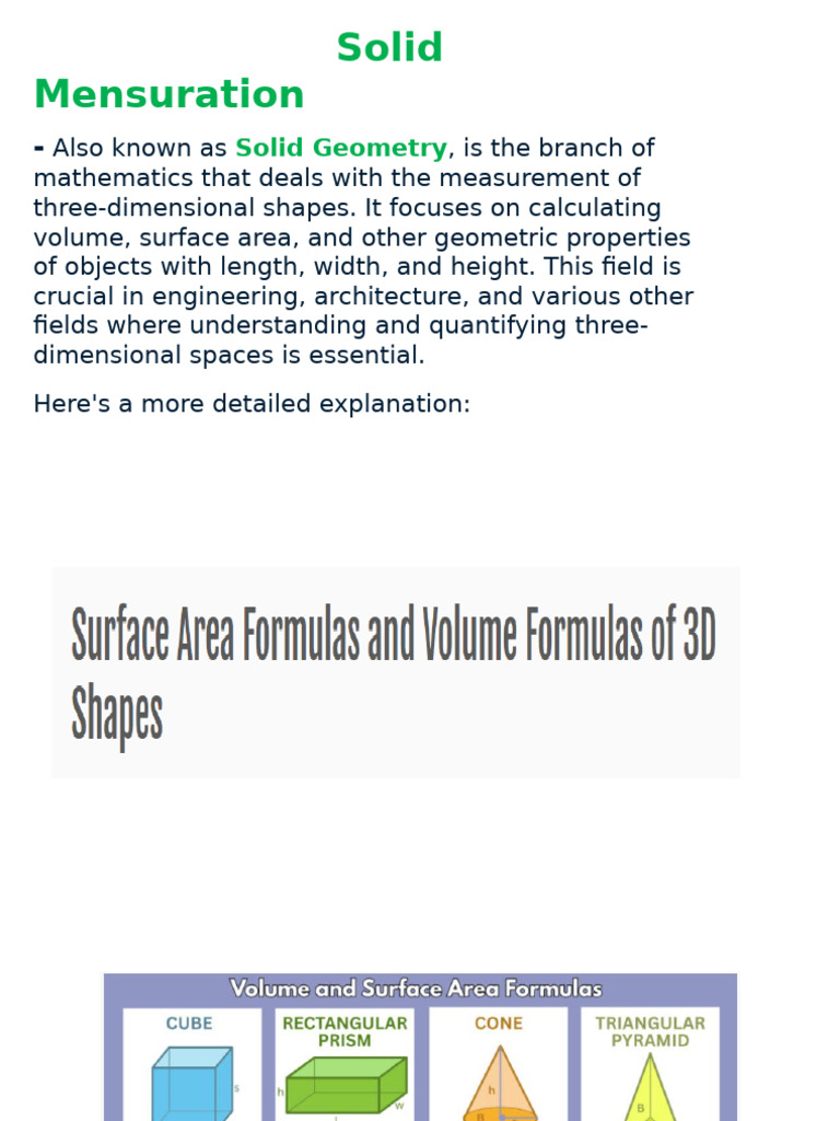 Surface Area and Volumes Formulas 3D Shape | PDF
