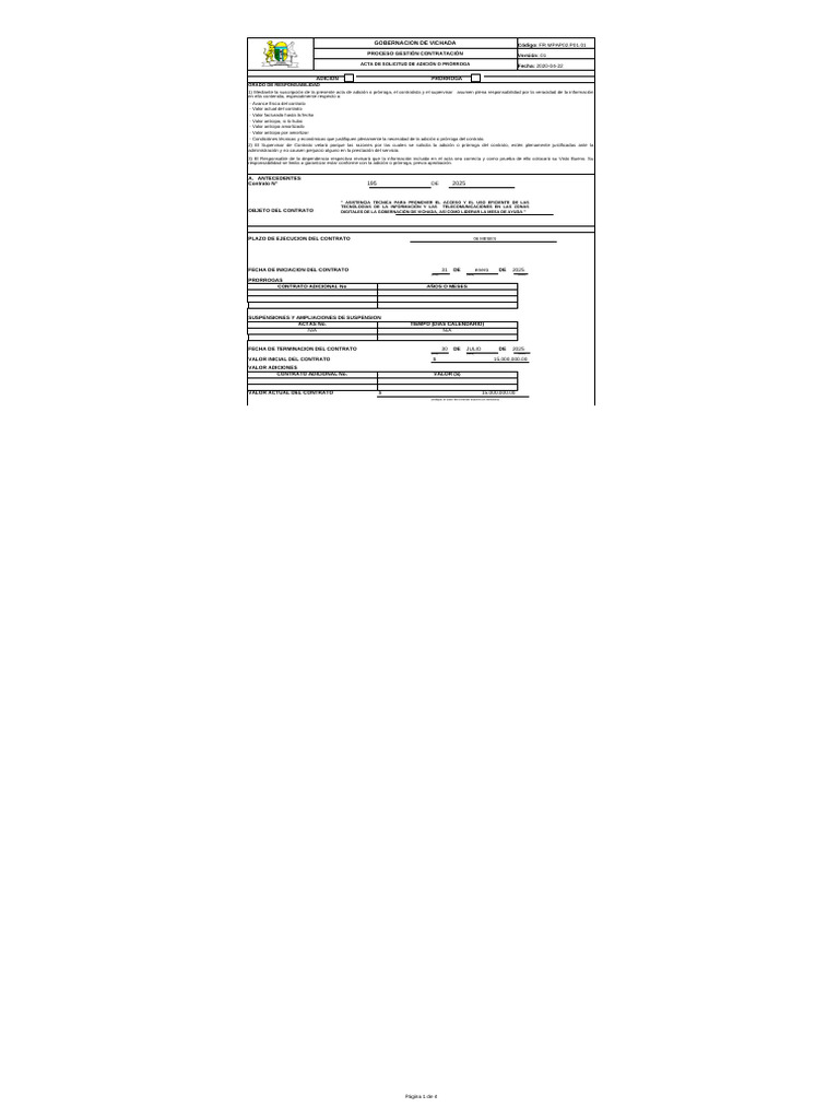 Acta de Solicitud de Prorroga y Adicion en Valor | PDF