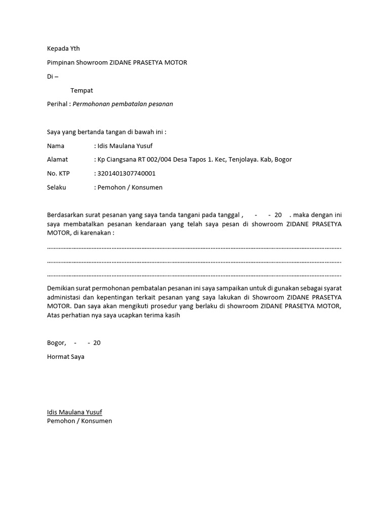 Surat Pembatalan Pesanan Kendaraan | PDF