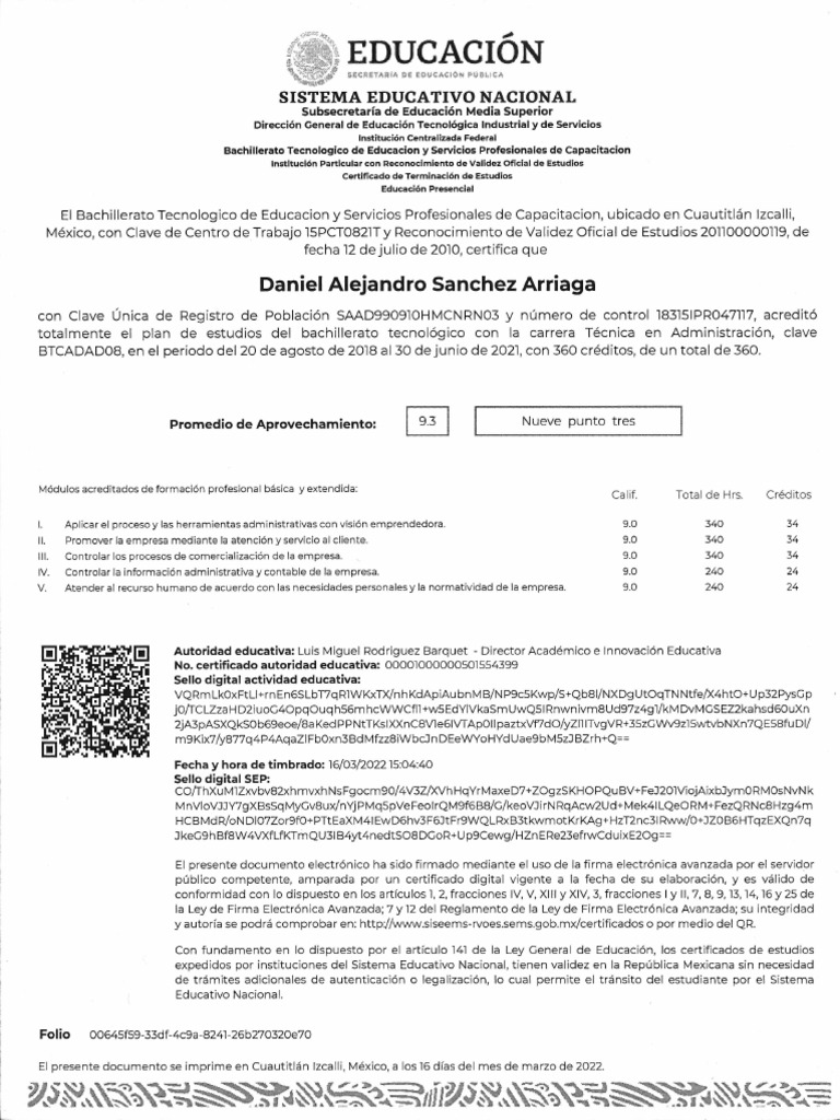 Certificado de Estudios - Daniel A. Sanchez Arriaga | PDF