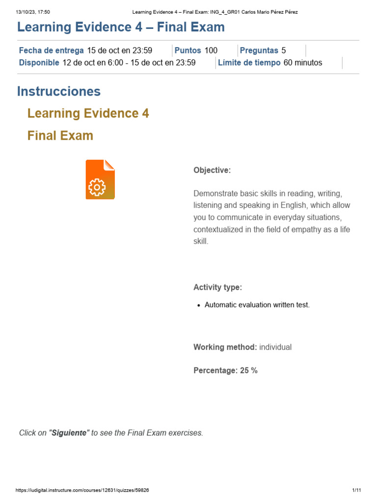 Learning Evidence 4 - Final Exam - ING - 4 - GR01 Carlos Mario Pérez ...