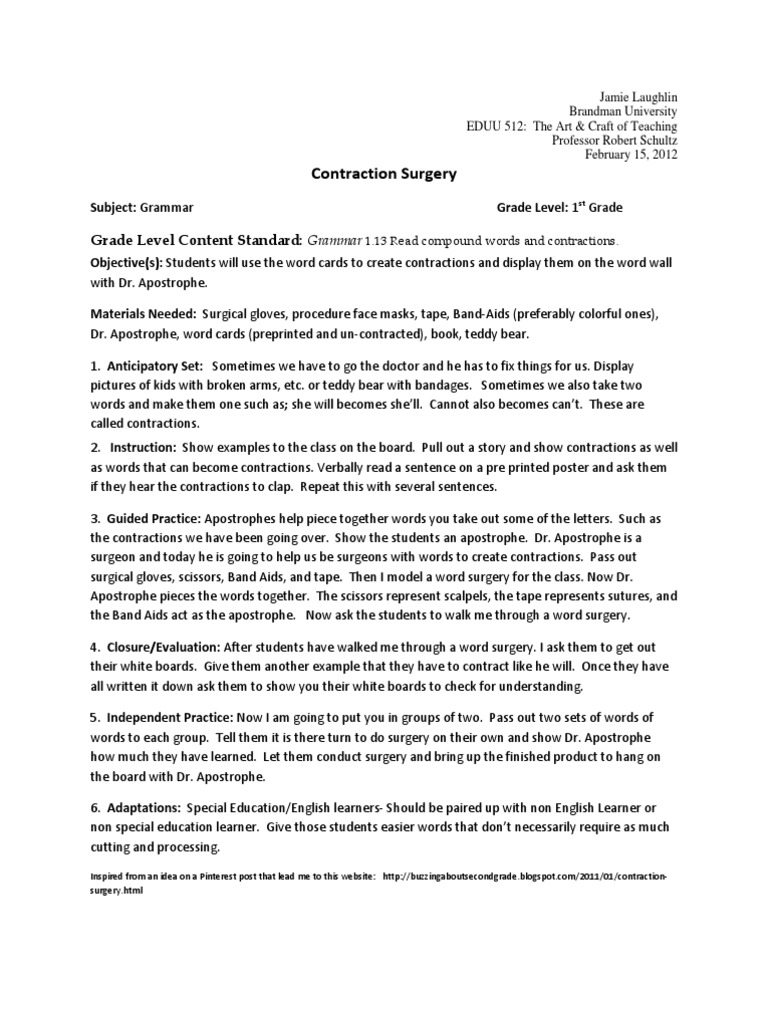 Contraction Surgery Lesson Plan | PDF | Surgery | Lesson Plan