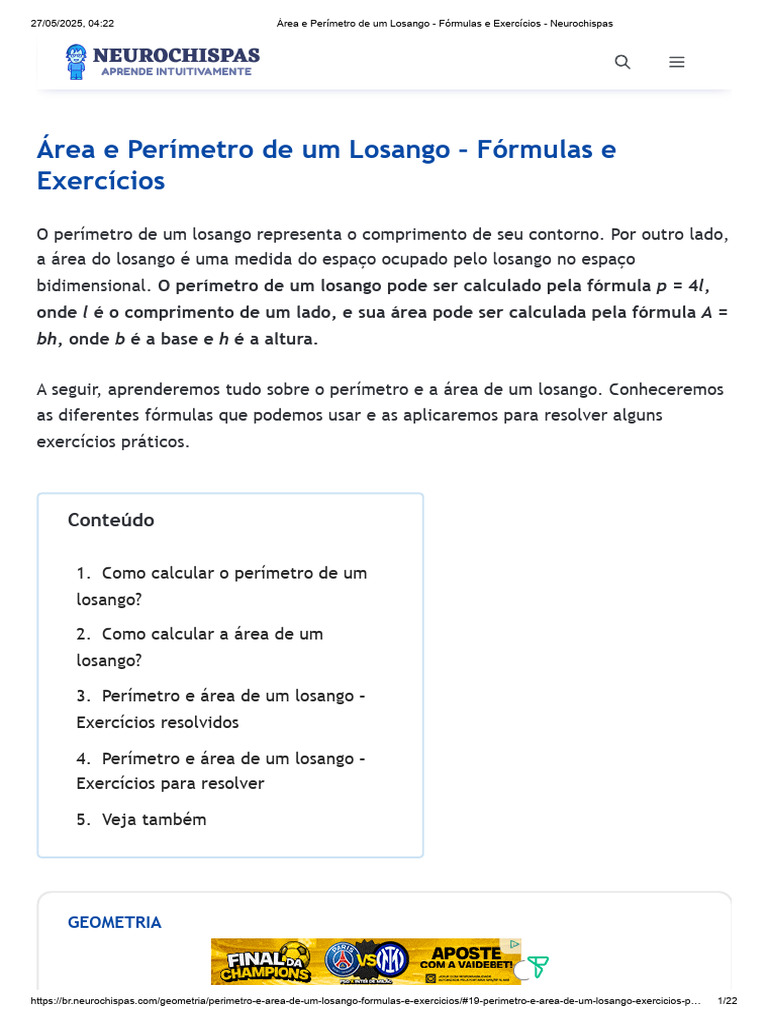 Área e Perímetro de Um Losango - Fórmulas e Exercícios - Neurochispas ...