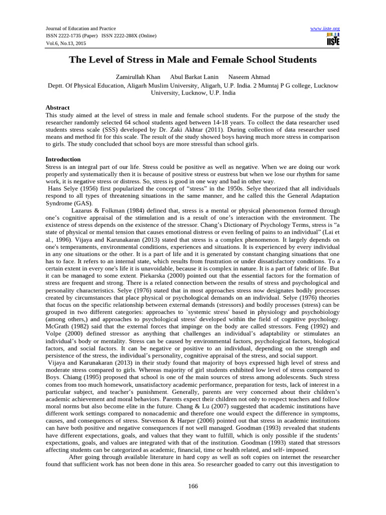The Level of Stress in Male and Female School Students | PDF | Stress ...
