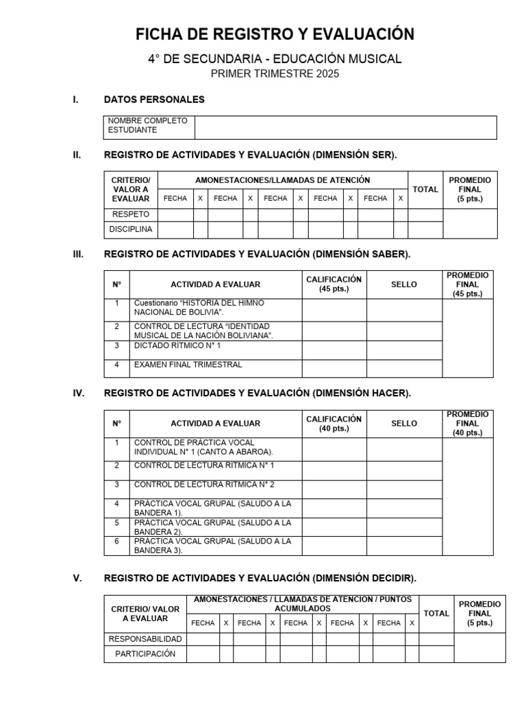 4° Sec Ficha de Registro y Evaluación Ed Musical - Primer Trimestre RG 2025 | PDF