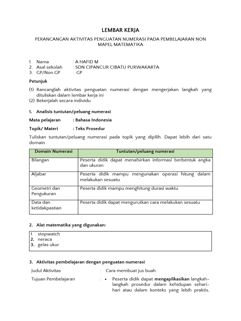 LK. Merancang Aktivitas Numerasi - LK2 - A HAFID | PDF