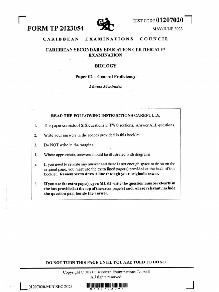 CSEC Biology P2 2023 | PDF