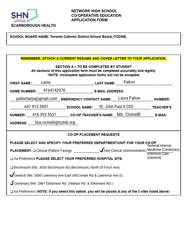 SHN High School Co-op Application Form | PDF | Health Care | Medicine