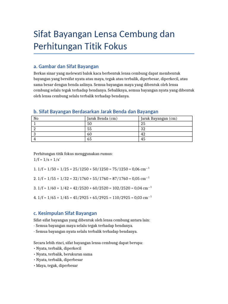 Sifat Bayangan Lensa Cembung | PDF