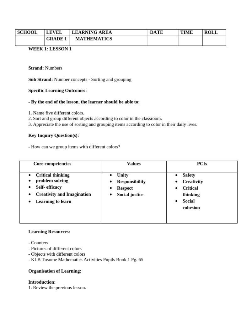 Grade 1 Rationalised Mathematics Lesson Plans Term 2 | PDF | Learning ...