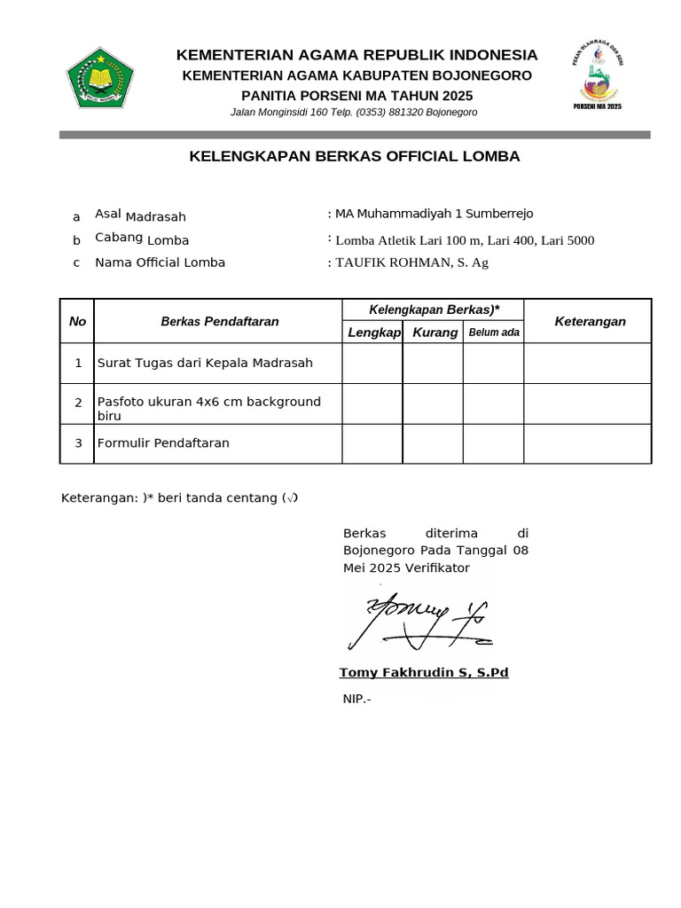Form Kelengkapan Berkas Official Porseni 2025 | PDF