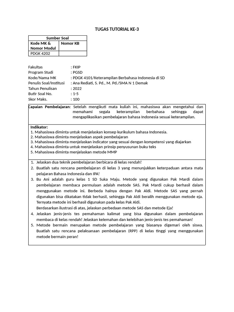 TUGAS TUTORIAL KE 3 Keterampilan Berbahasa Indonesia | PDF