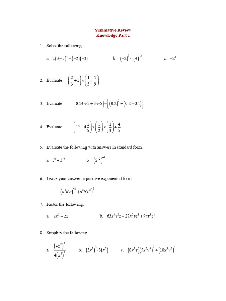 1c. Summative Part 1 Review | PDF | Mathematical Objects | Equations
