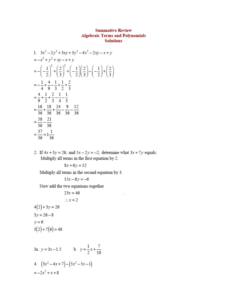 1b. Summative Part 1 Review Solutions | PDF | Equations | Mathematical Concepts